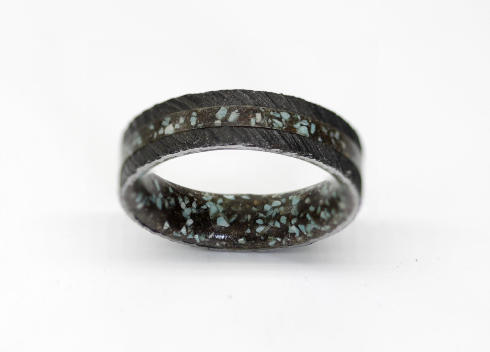 Damascus Steel Ring: Dinosaur Fossil & Turquoise Wedding Band - Etsy UK