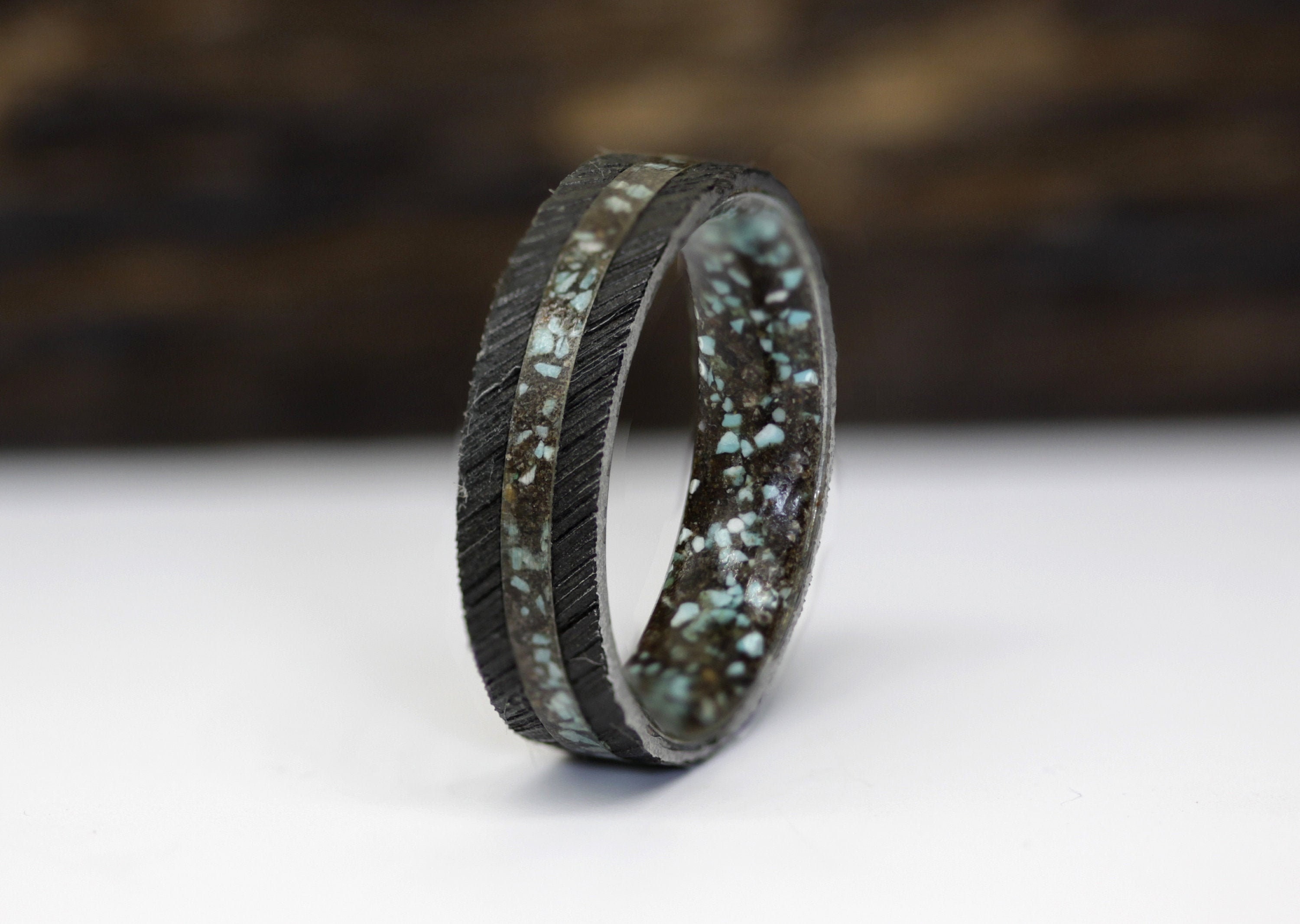 Damascus Steel Ring: Dinosaur Fossil & Turquoise Wedding Band - Etsy UK