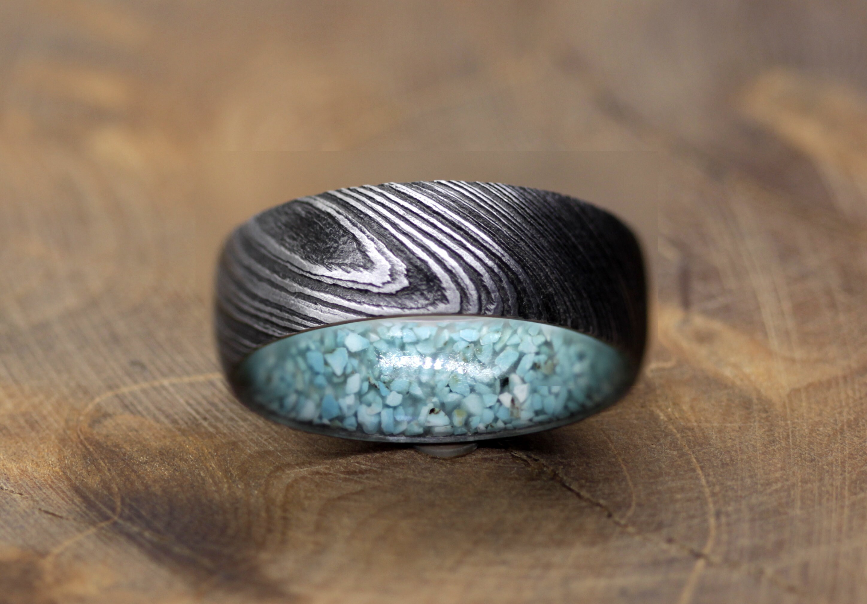 Damascus Steel Ring With Crushed Turquoise Wedding Band for Man and ...
