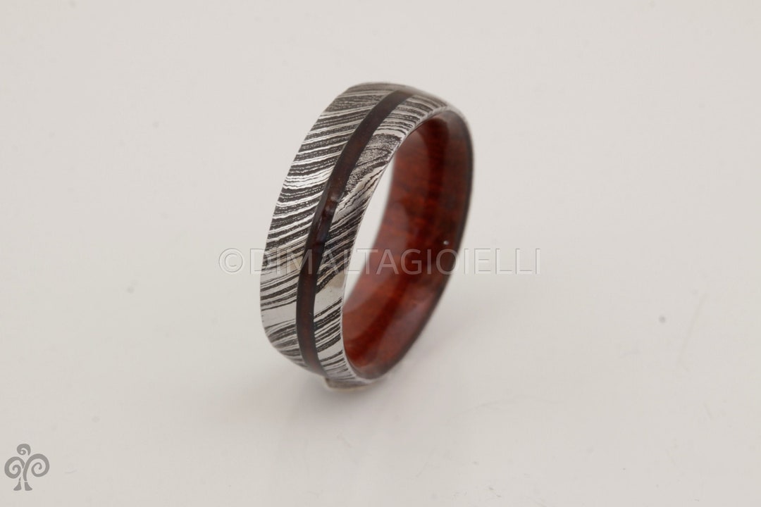 Wood Ring DAMASCUS Steel Ring Wood Wedding Band Man Ring COCOBOLO WOOD ...
