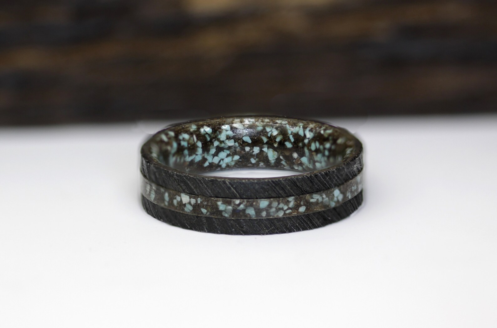 Damascus Steel Ring: Dinosaur Fossil & Turquoise Wedding Band - Etsy UK