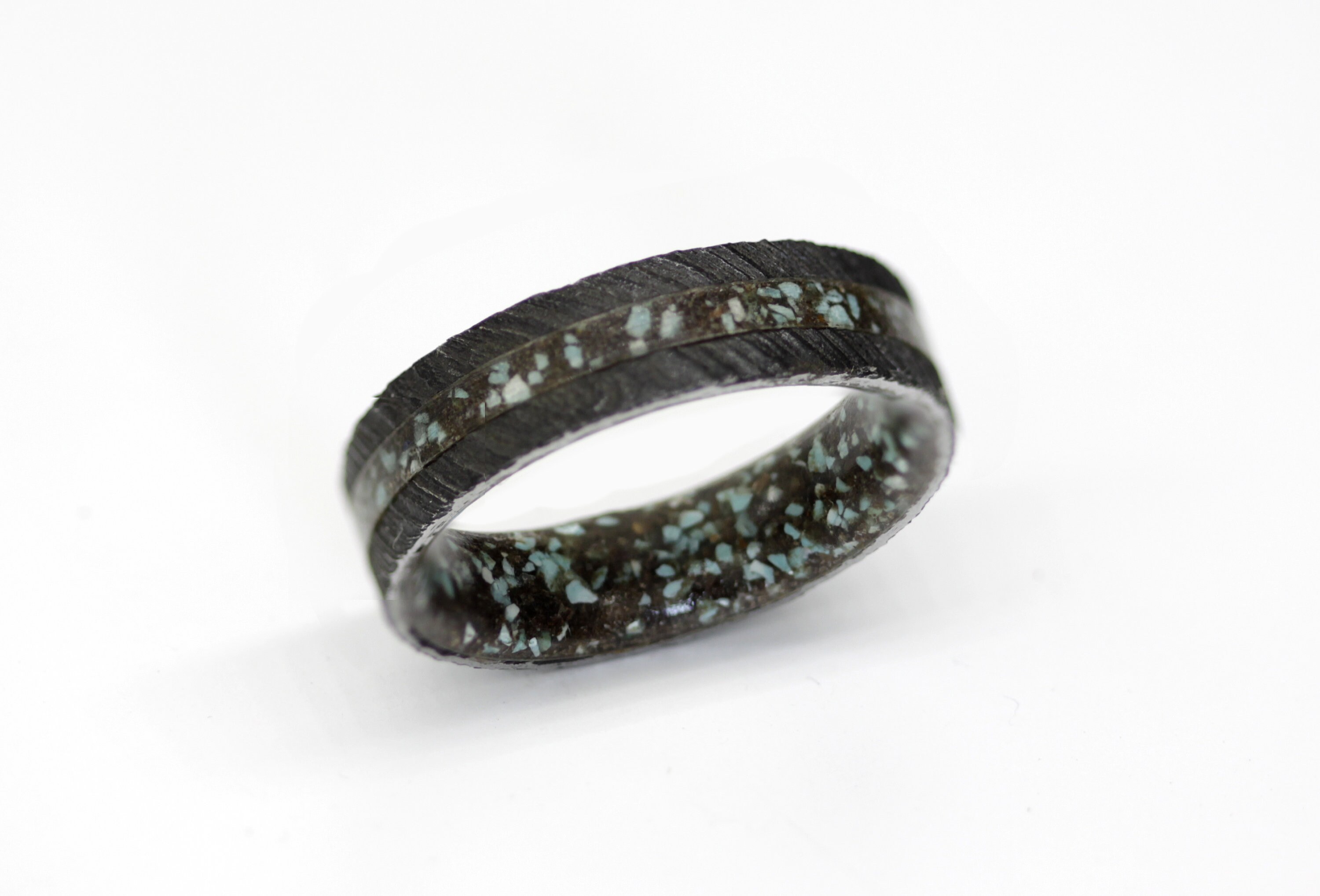 Damascus Steel Ring: Dinosaur Fossil & Turquoise Wedding Band - Etsy UK