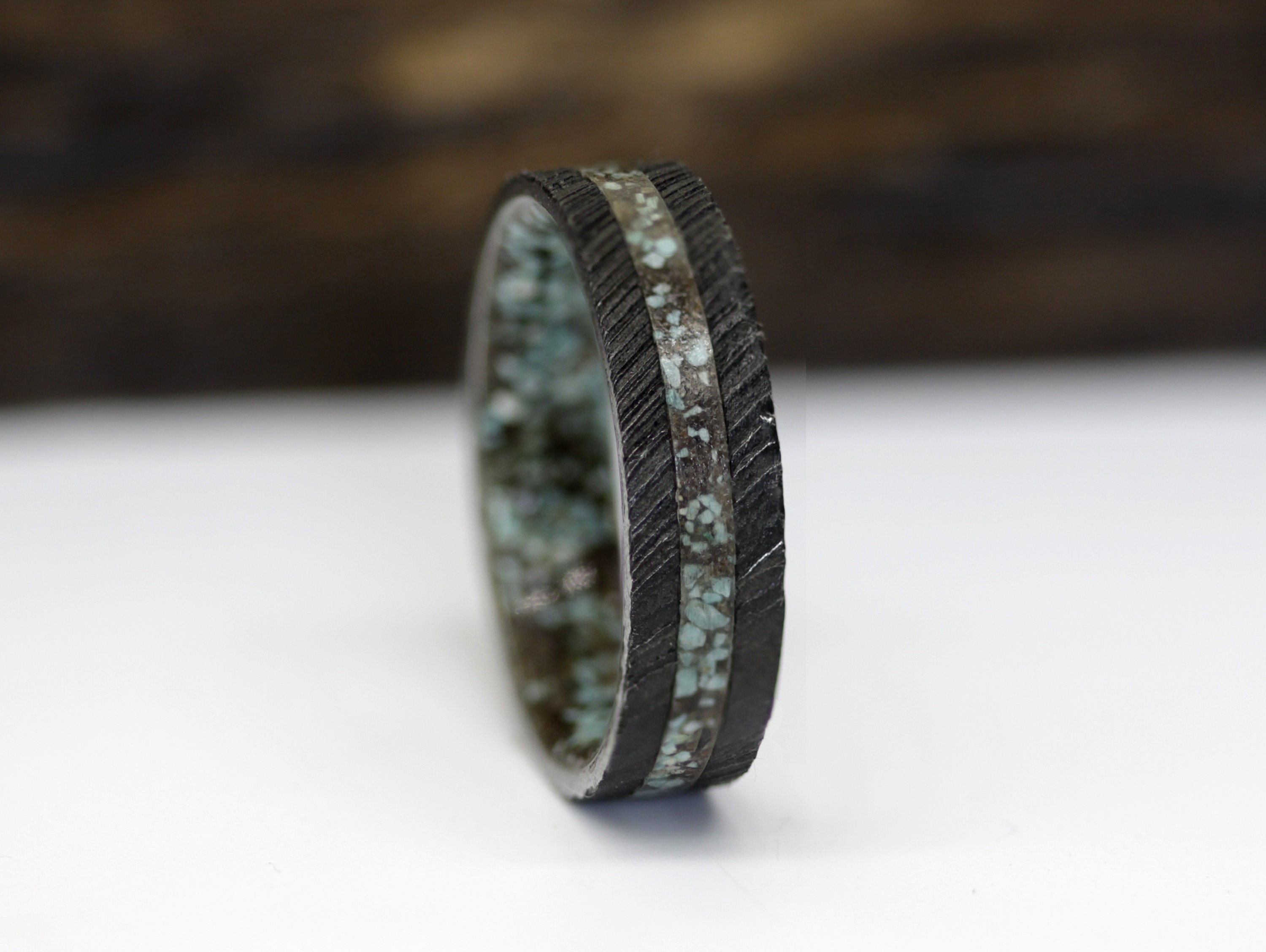 DAMASCUS Steel ring DINOSAUR fossil wedding band TURQUOISE | Etsy