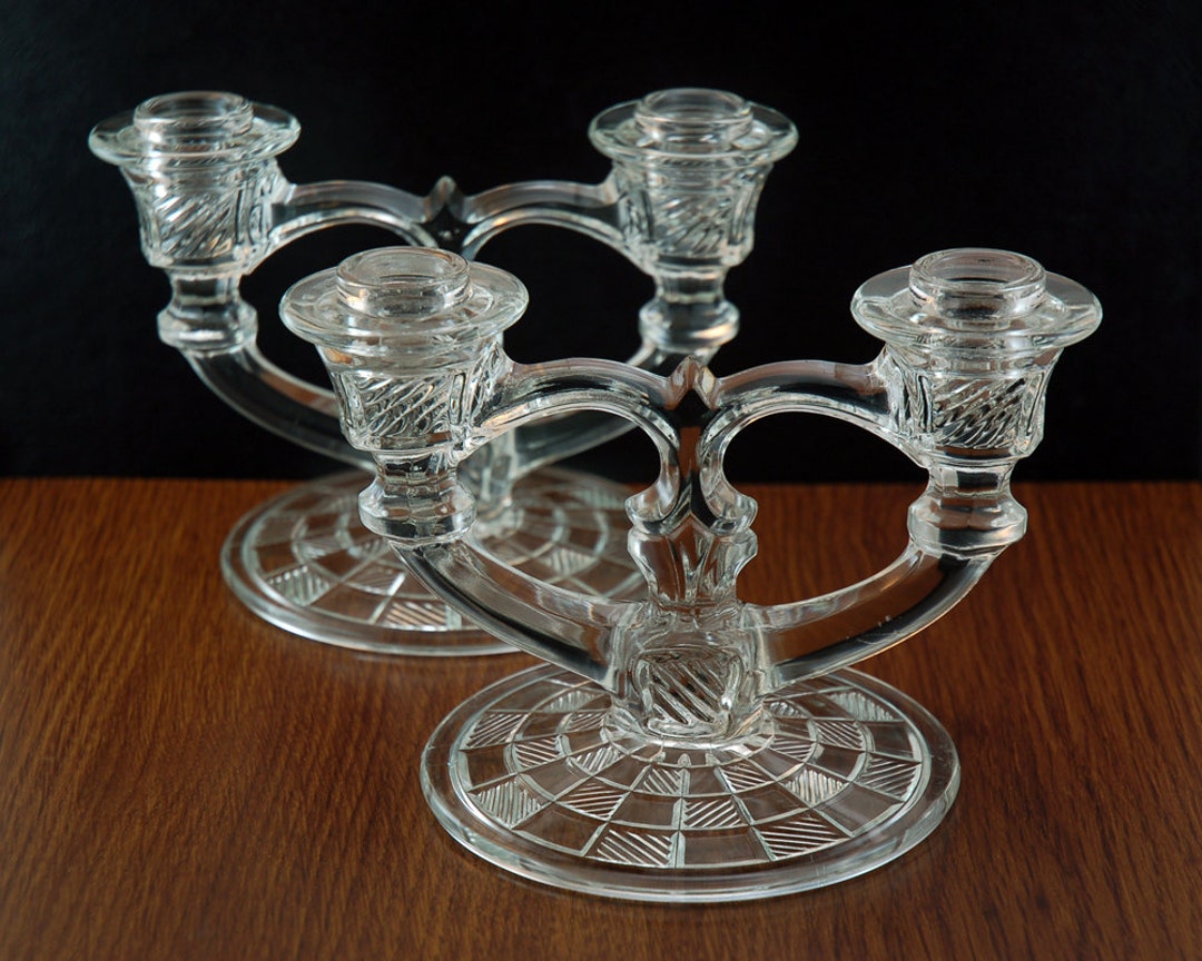 Vintage Double Candlesticks Pair, Crystal Clear Glass, Two Taper Candle ...