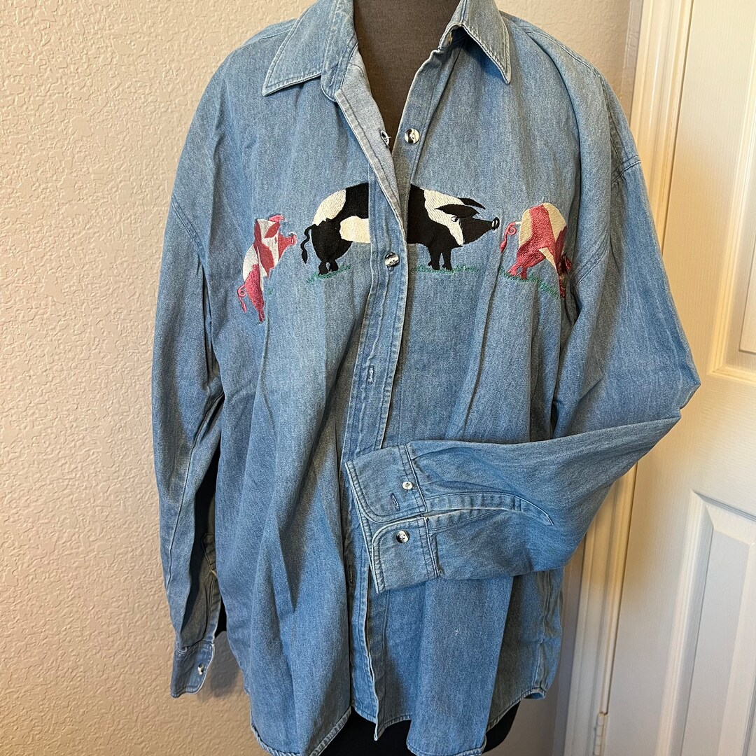 Denim Embroidered Pig 90s Denim Button up Blouse Large - Etsy
