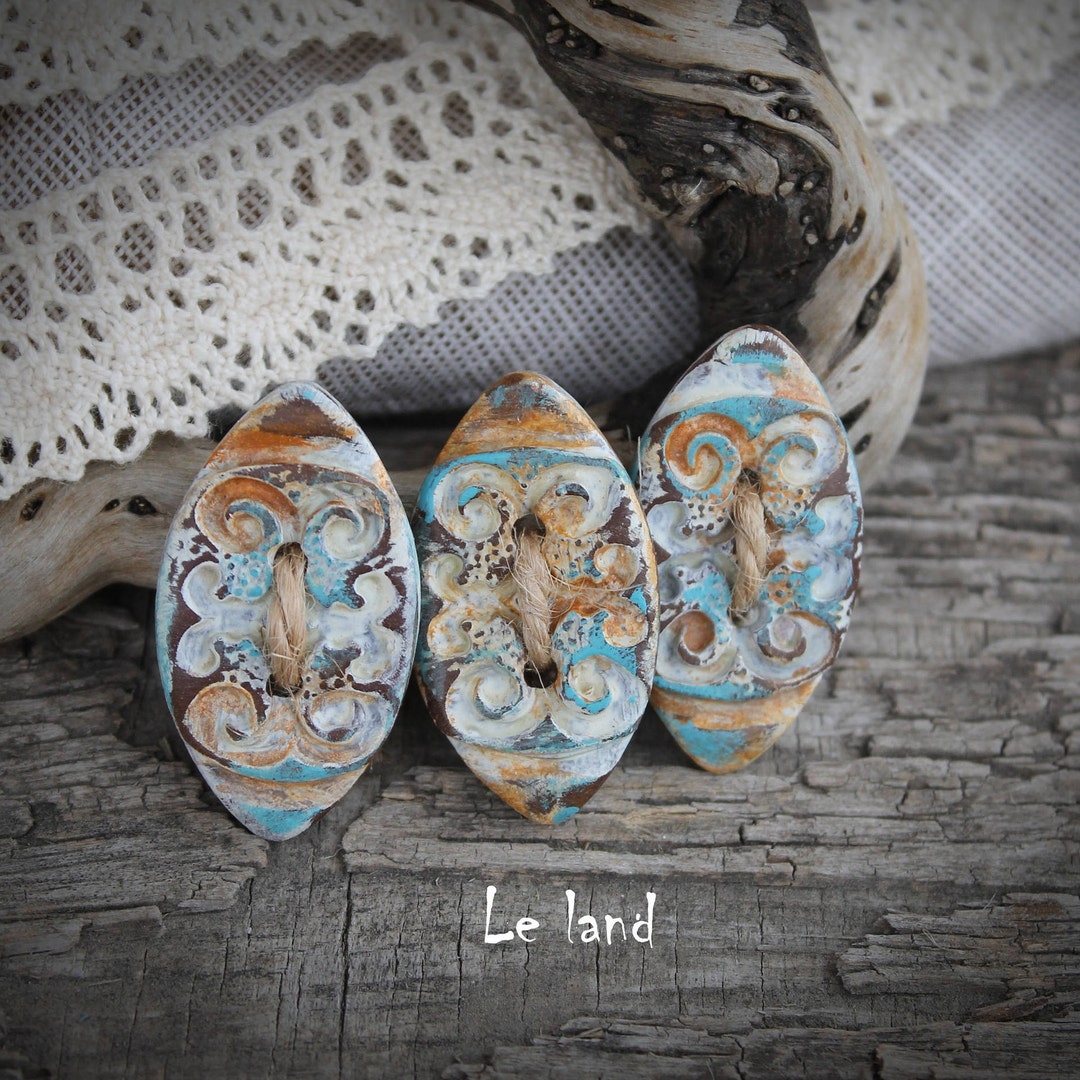 3 Rustic Buttons Polymer Clay Buttons Textured Button Set Oval Buttons ...
