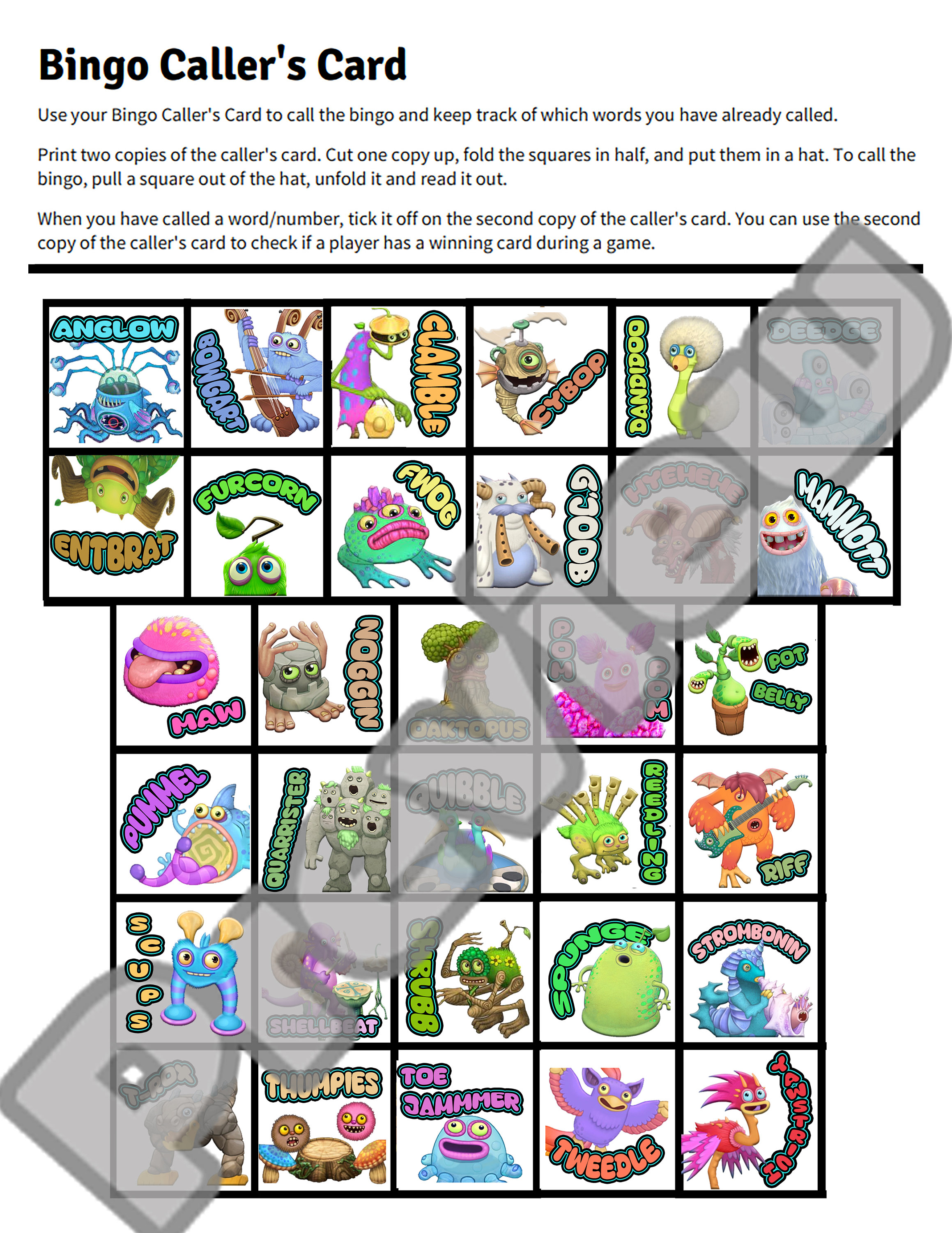 My Singing Monsters Theme Bingo Game; Party Game; Mobile Game; MSM ...