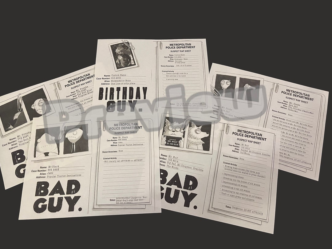 The Bad Guys Party Rap Sheet Poster Decor Set; the Birthday Guy Poster ...