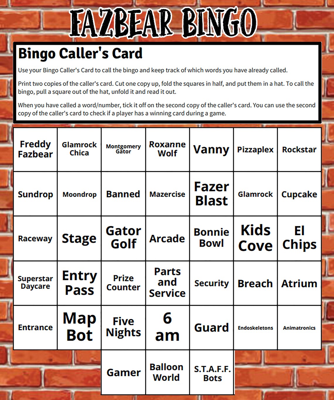 FNAF Theme Bingo Game Party Game Five Nights at | Etsy