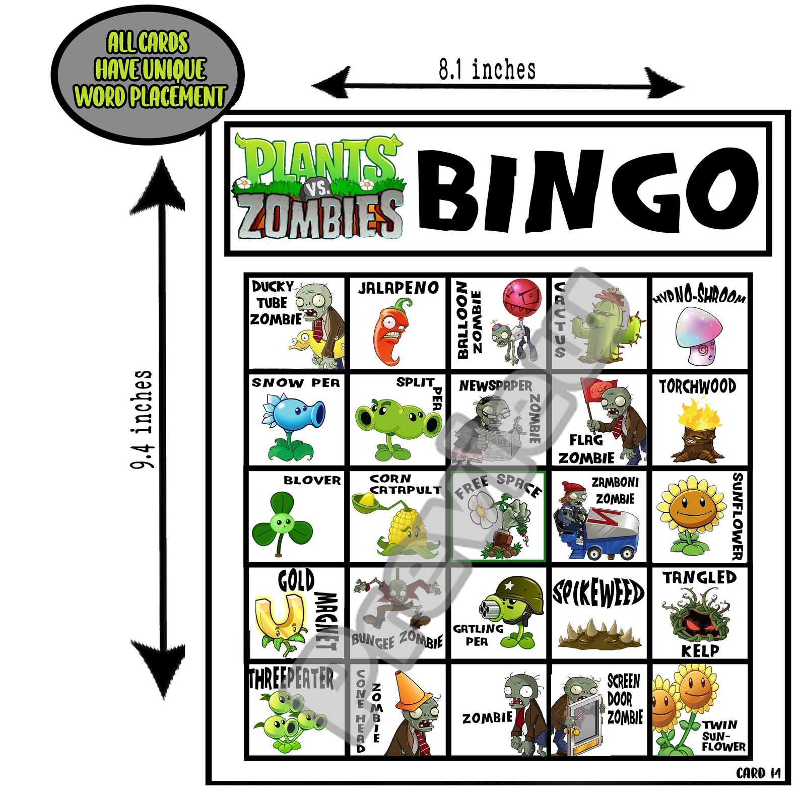Plants Vs Zombie Theme Bingo Game; Zombie Birthday Party Game; Birthday ...