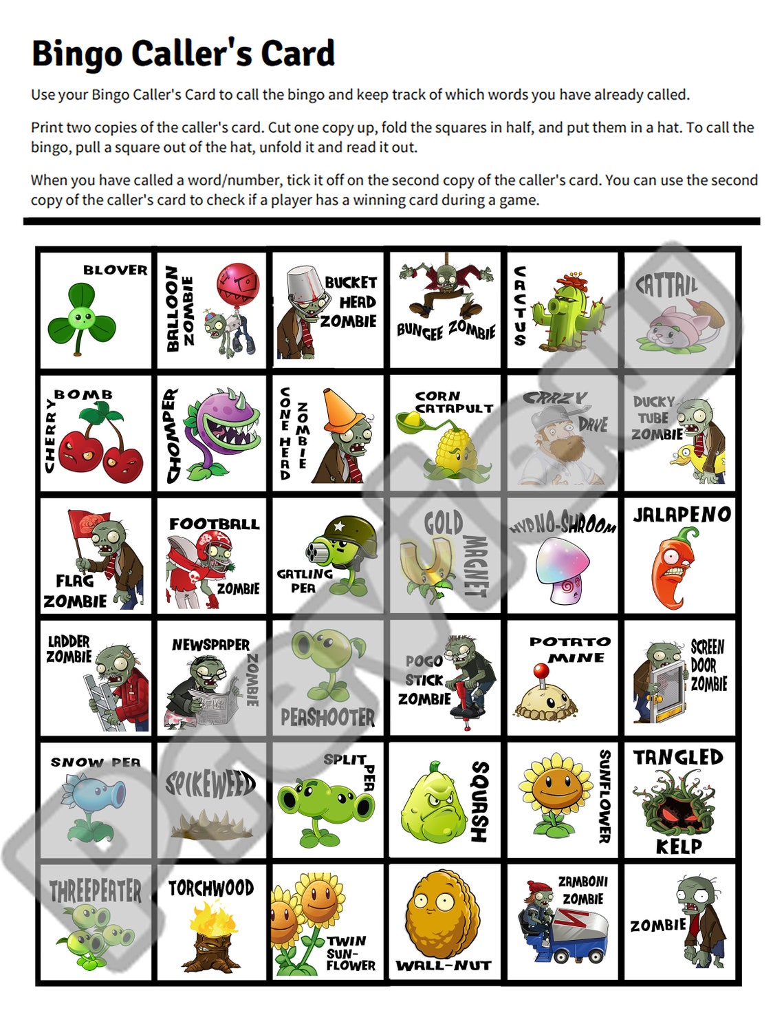 Plants Vs Zombie Theme Bingo Game Zombie Birthday Party Game - Etsy