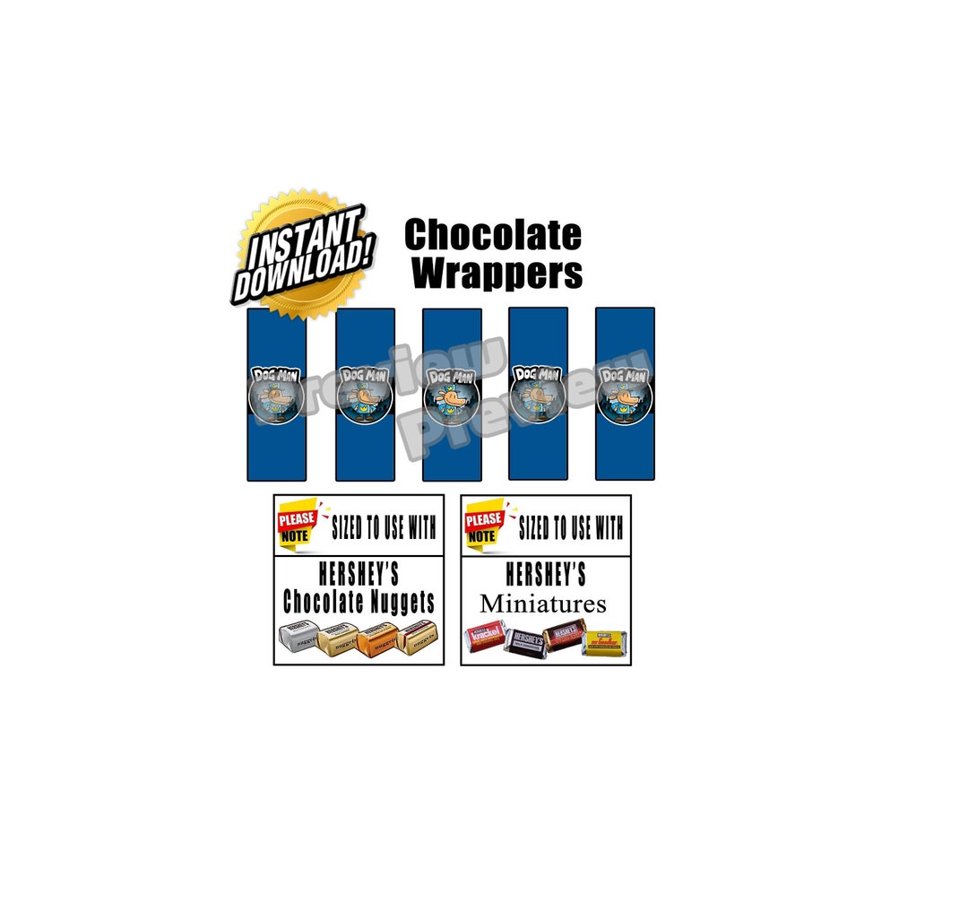 Dog Man Mini Chocolate Candy Wraps; Hershey Label, Nugget; Dogman Party ...