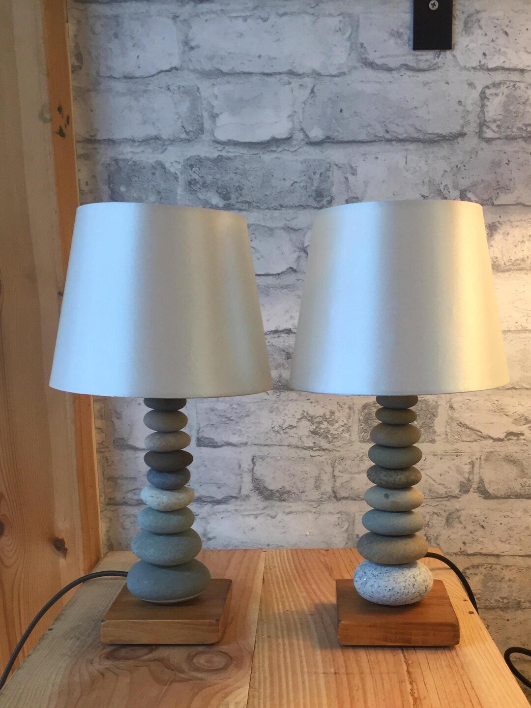 A Pair of Natural Beach Pebble/rock, Tables/bedside Lamps, Handmade ...
