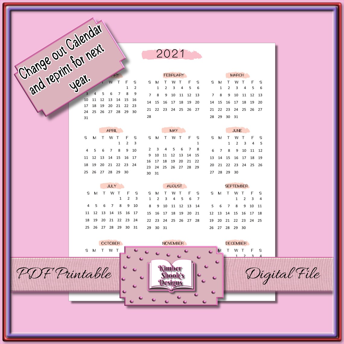 12 Month Weekly PDF Printable Planner Digital Sunday - Etsy