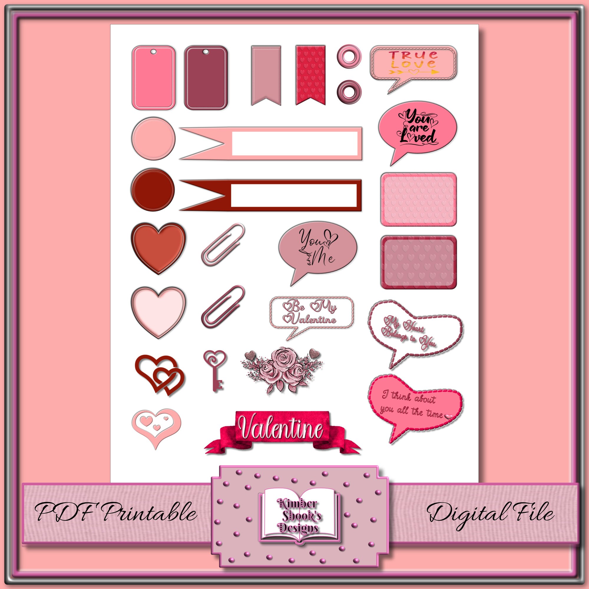 Valentine's Day Printable Stickers Sheets 8 1/2 X 11 Hearts, Love ...