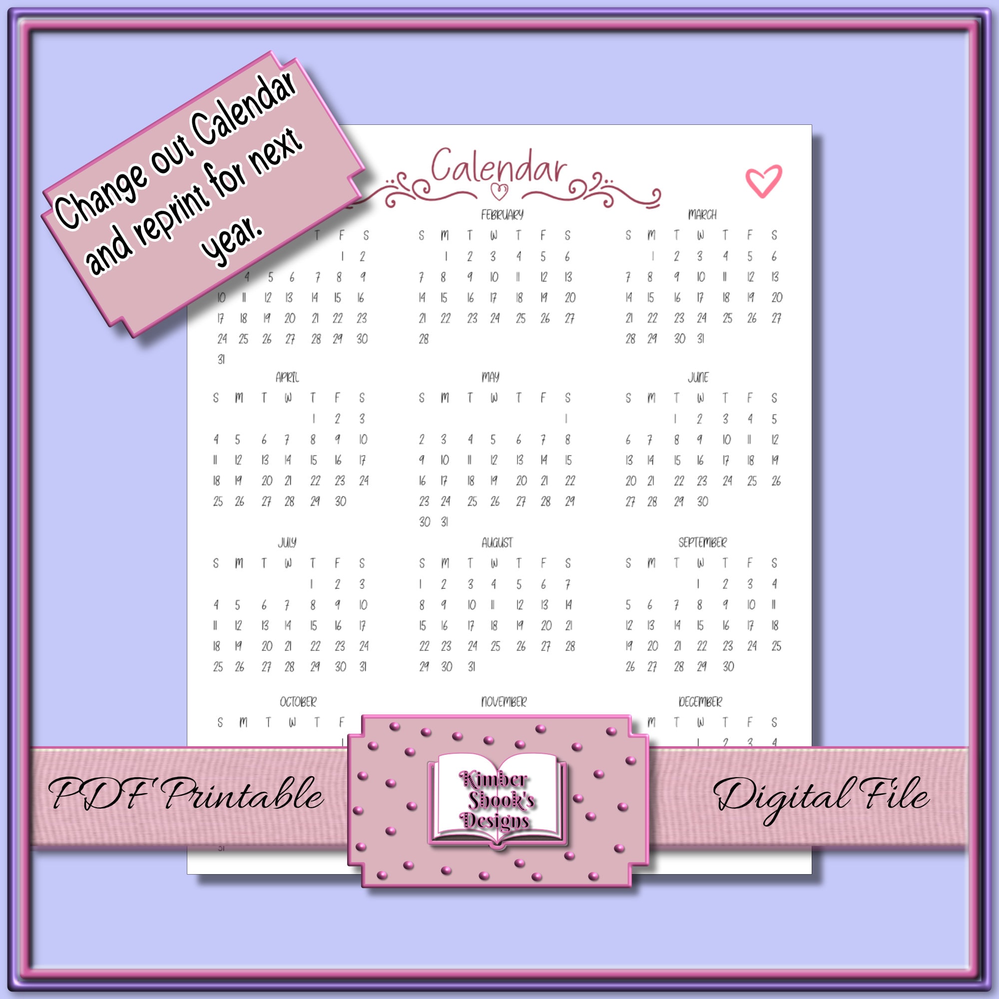12 Month Weekly PDF Printable Planner Digital Sunday - Etsy