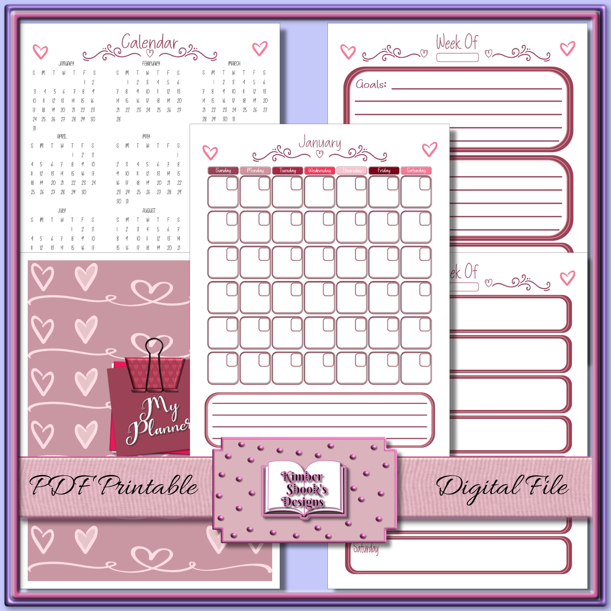 12 Month Weekly PDF Printable Planner Digital Sunday - Etsy