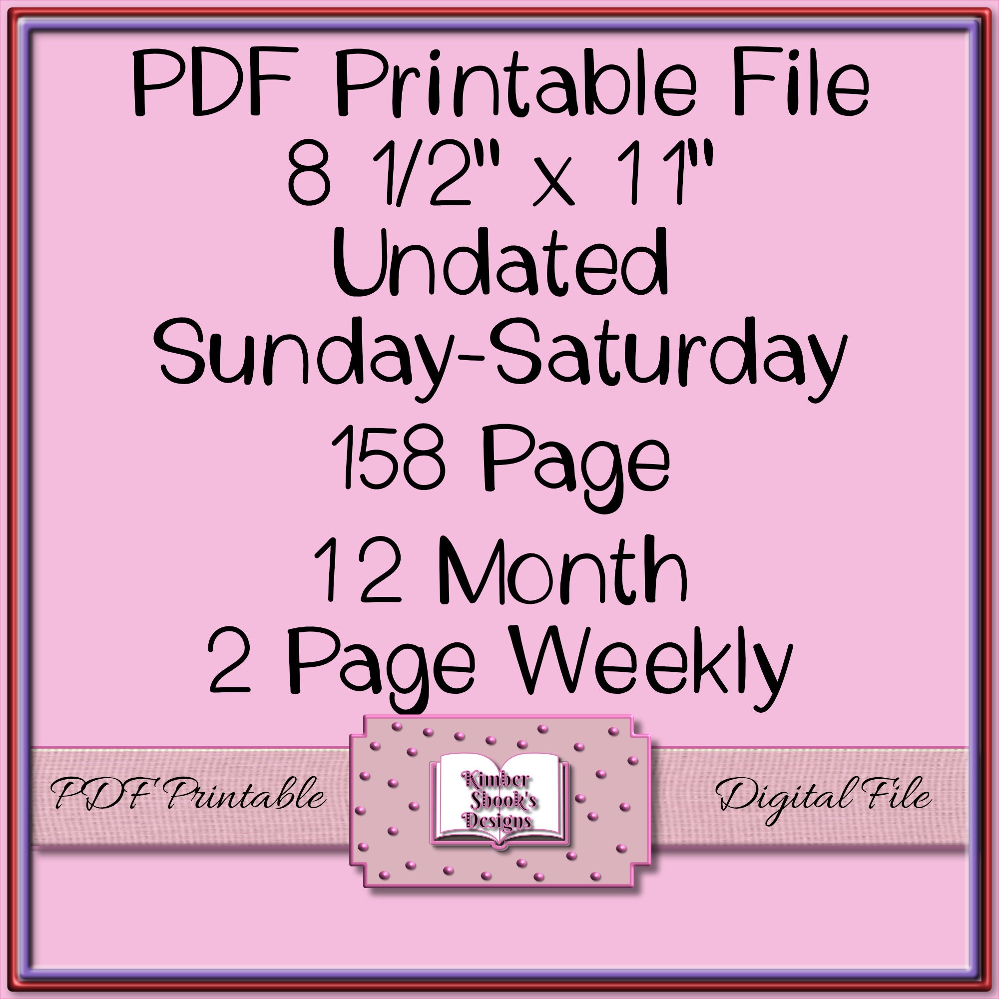 12 Month, Weekly PDF Printable Planner, Digital, Sunday Saturday - Etsy