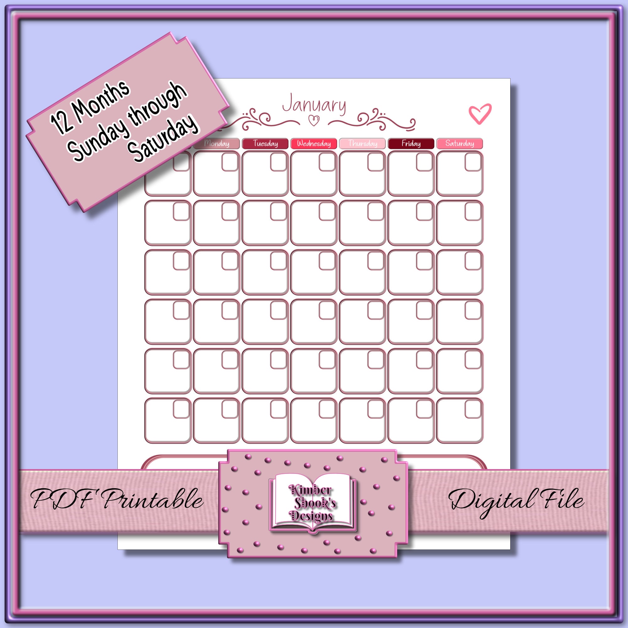 12 Month Weekly PDF Printable Planner Digital Sunday - Etsy