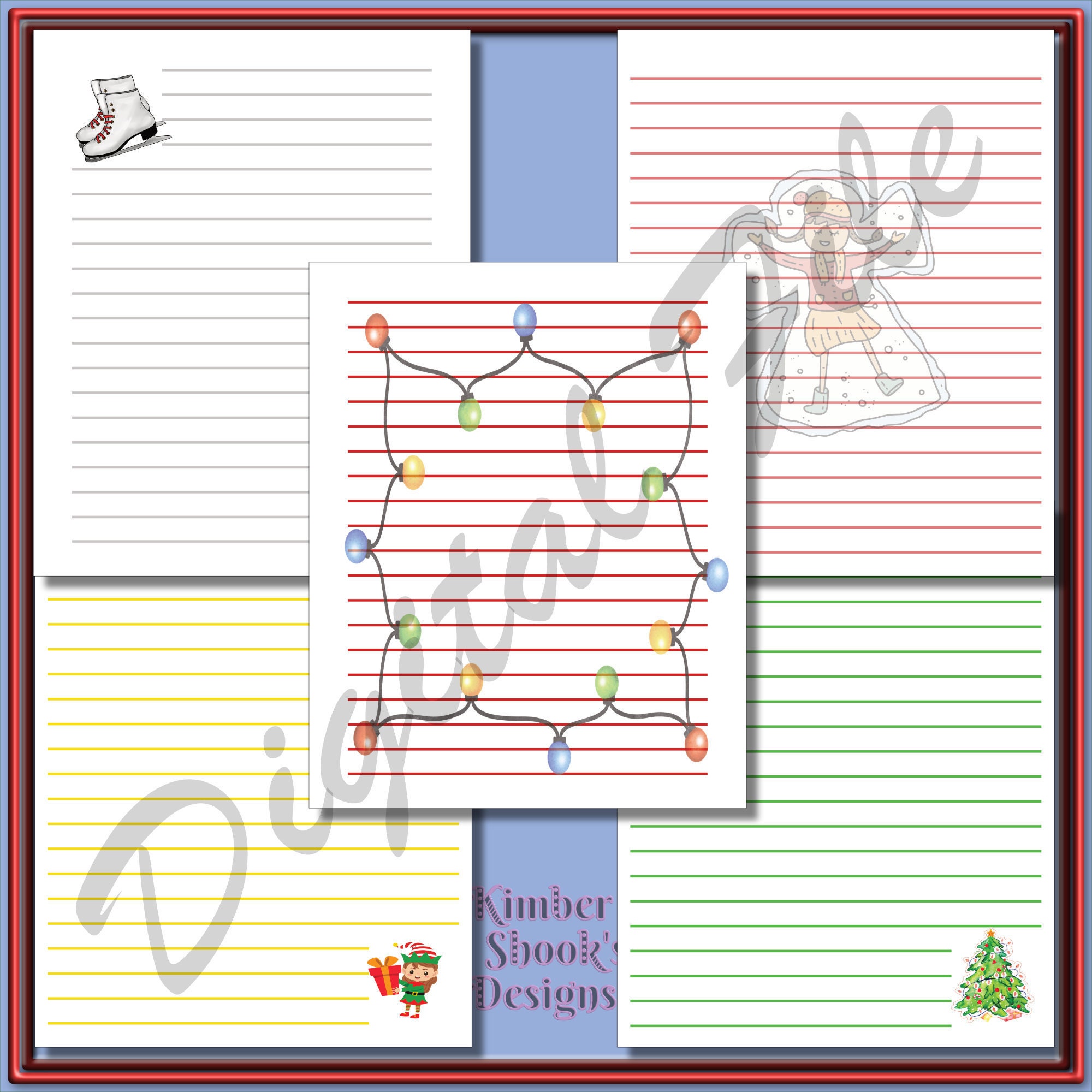 Christmas Notepad Sheet Printable 5 Designs Lights Snow Angel Skates ...