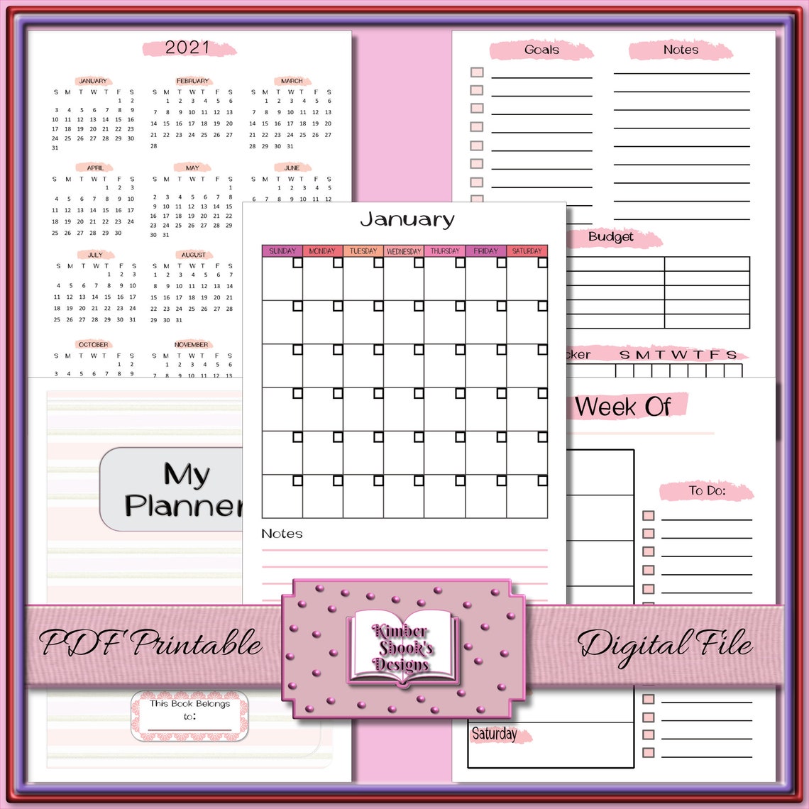 12 Month, Weekly PDF Printable Planner, Digital, Sunday Saturday - Etsy