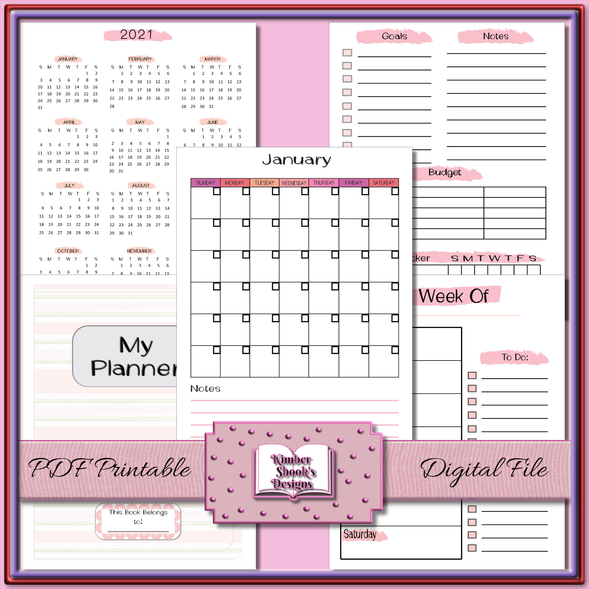 12 Month, Weekly PDF Printable Planner, Digital, Sunday Saturday - Etsy