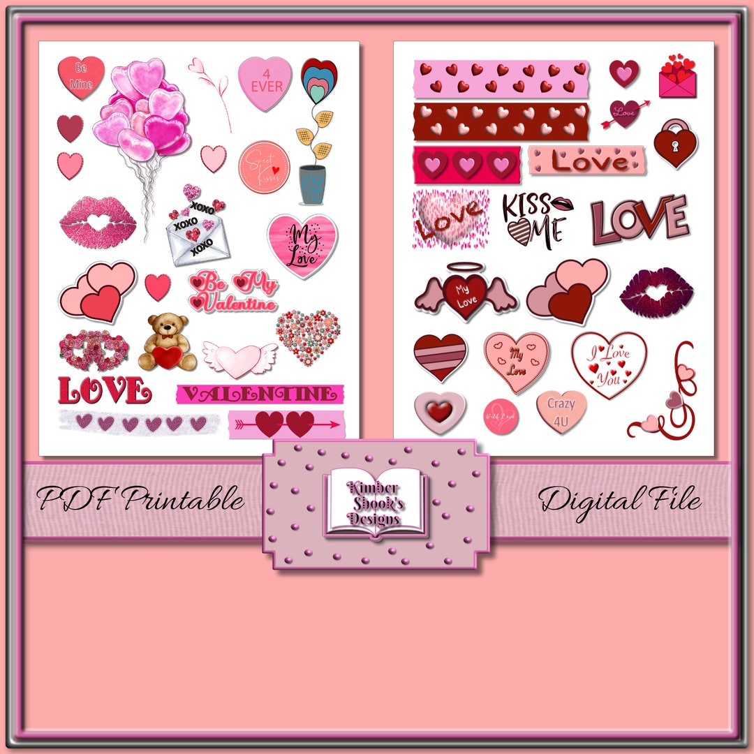 Valentine's Day Printable Stickers Sheets 8 1/2 X 11 Hearts, Love, - Etsy