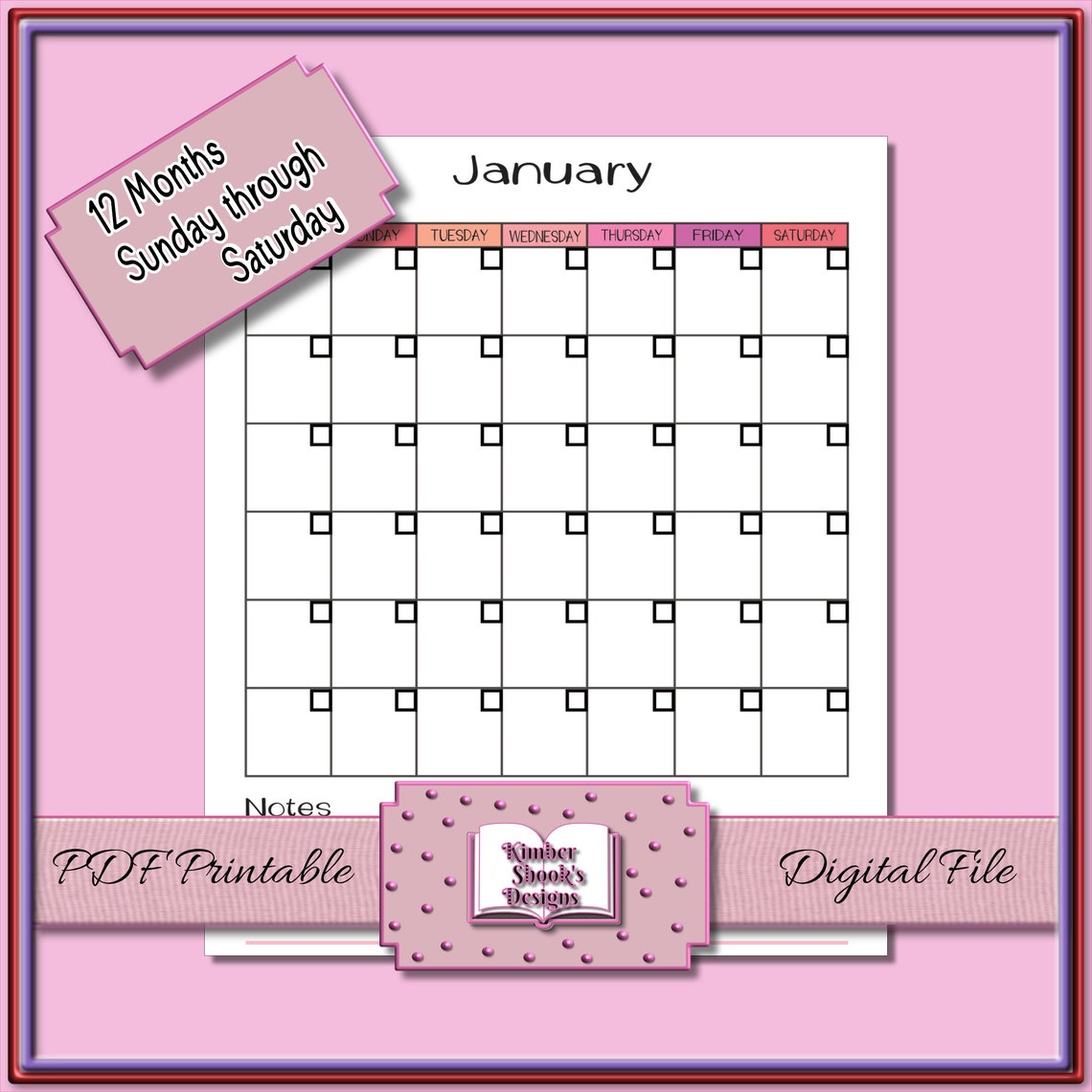 12 Month, Weekly PDF Printable Planner, Digital, Sunday Saturday - Etsy