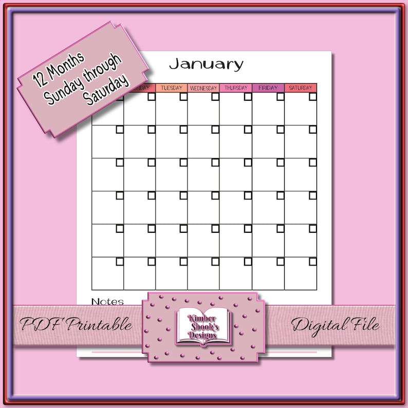 12 Month, Weekly PDF Printable Planner, Digital, Sunday Saturday - Etsy