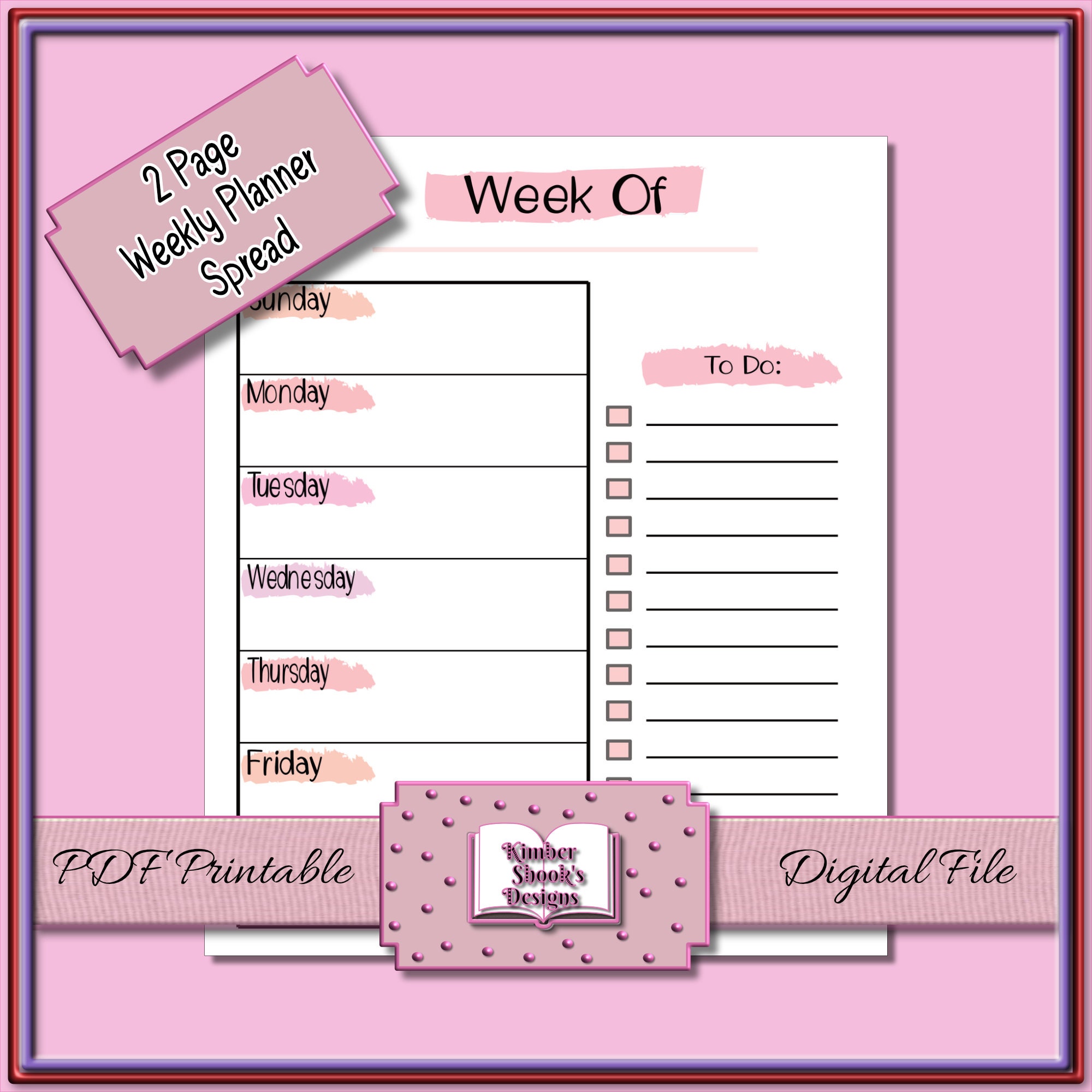 12 Month, Weekly PDF Printable Planner, Digital, Sunday Saturday - Etsy