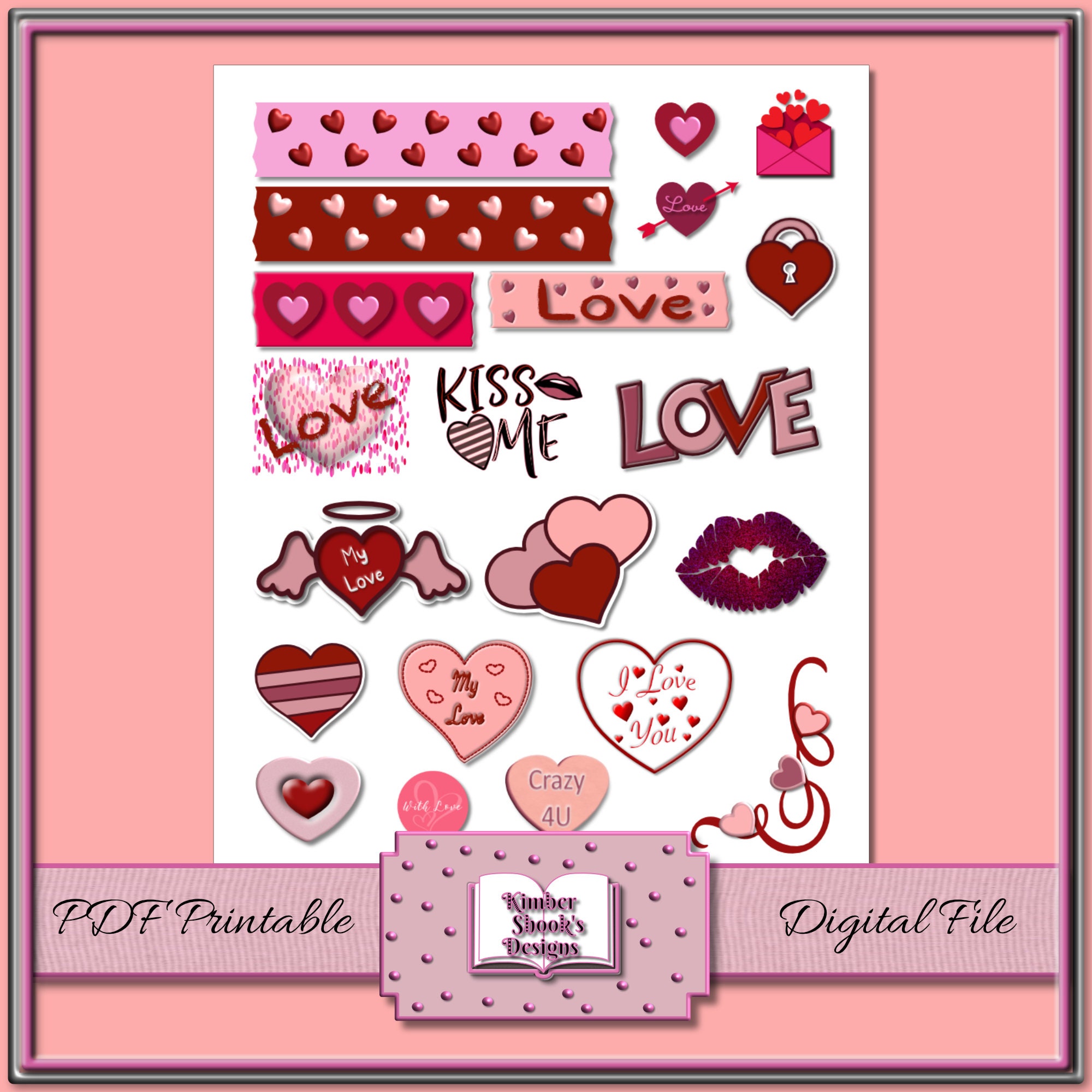 Valentine's Day Printable Stickers Sheets 8 1/2 X 11 Hearts, Love, - Etsy