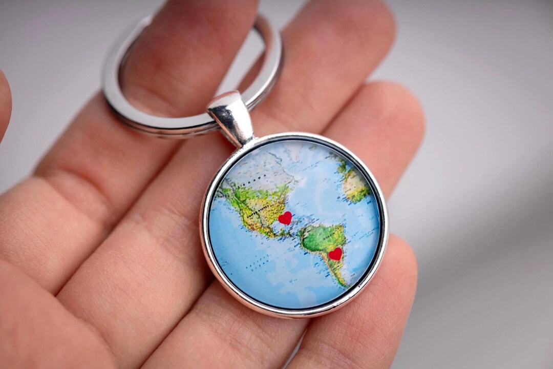 World Map Keychain With Hearts, Personalized Long Distance Relationship ...