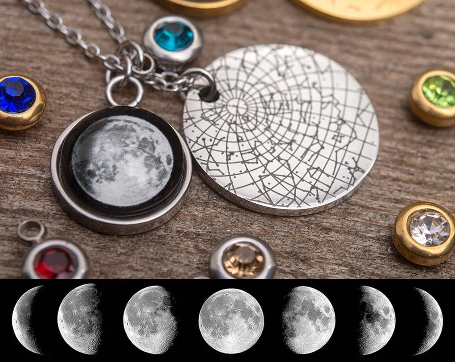 Personalized Star Map and Moon Phase Necklace With a Birthstone, Stars ...