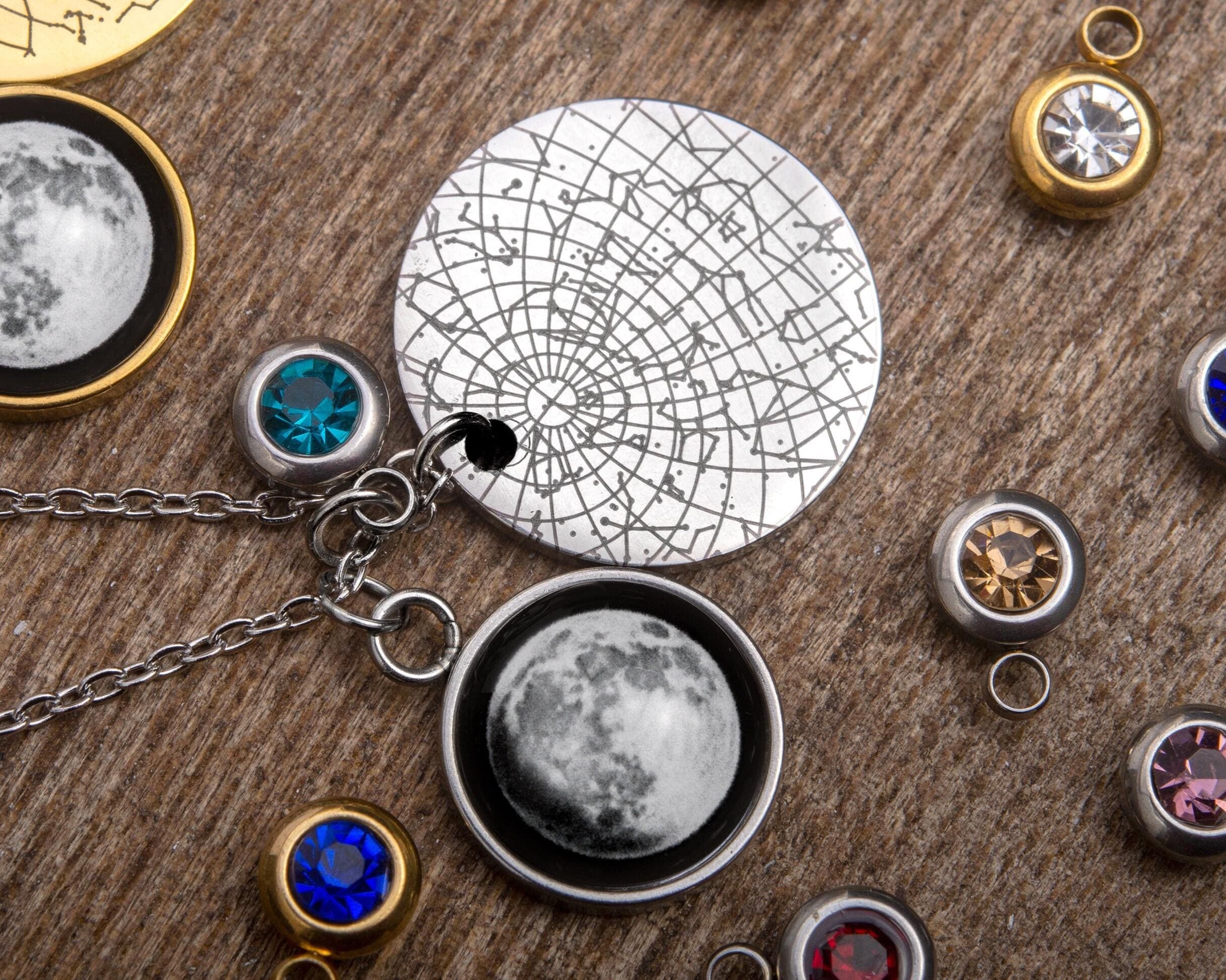 Personalized Star Map and Moon Phase Necklace With a Birthstone, Stars ...