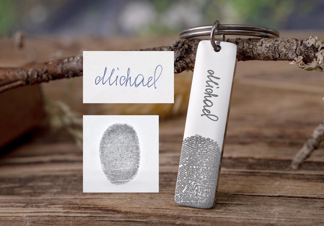 Handwriting and Fingerprint Keepsake Keyring, Laser Engraved Custom ...