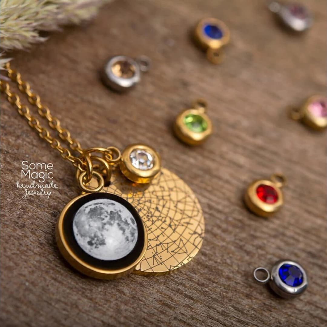 Moon Phase and Star Map Necklace With a Birthstone, Custom Birth Moon ...