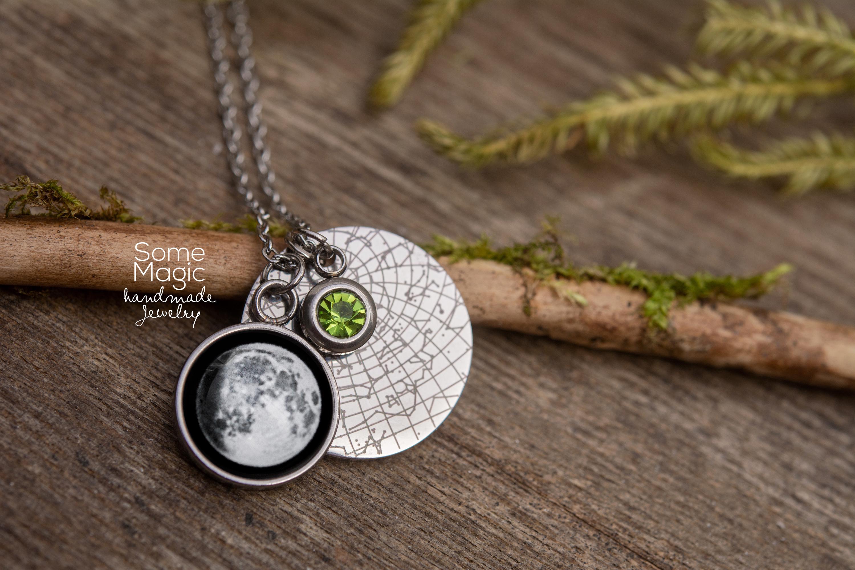 Personalized Star Map and Moon Phase Necklace With a Birthstone, Stars ...