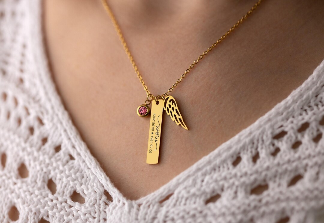 Loss of Mom Memorial Necklace With Angel Wing and Birthstone ...