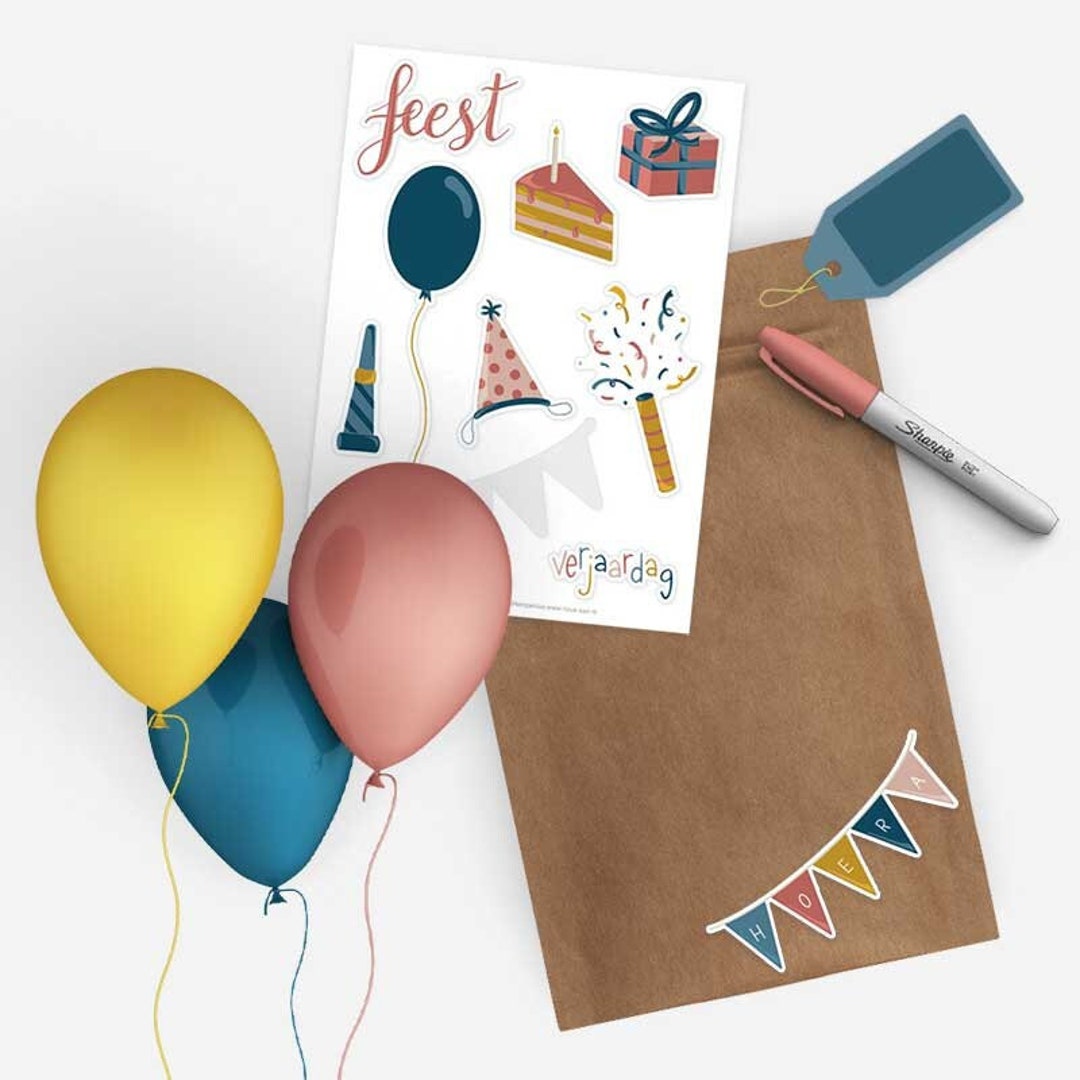 A6 STICKERSHEET PARTY Birthday Cake Balloon Flags Gift Party Hat ...
