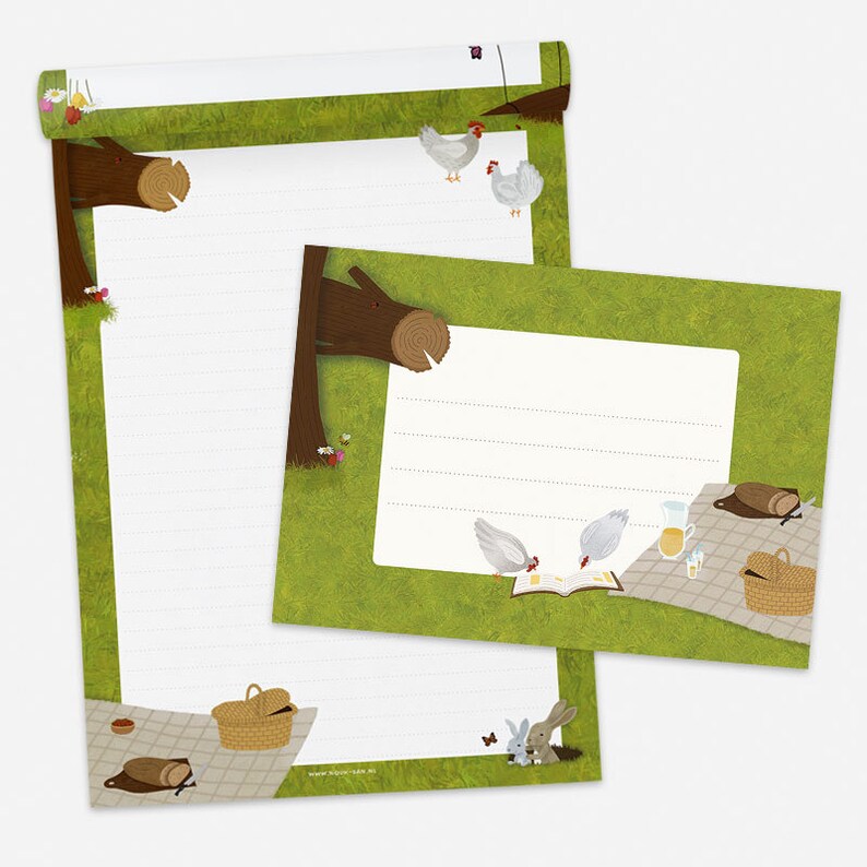 WRITING PAPER Animal PICNIC Letters Set Chickens Bunnies Rabbit Spring ...