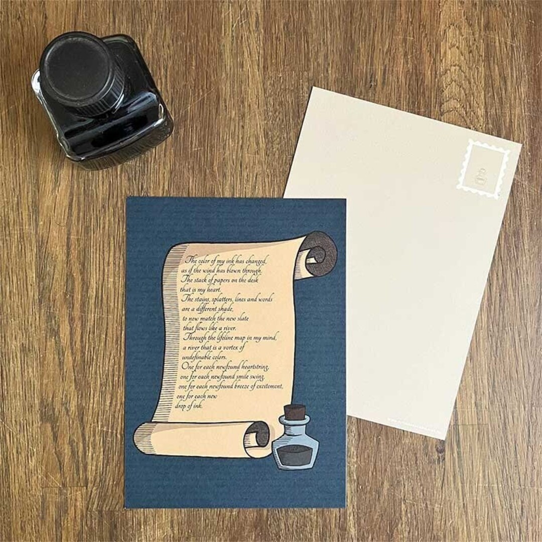 POSTCARD PARCHMENT & INK Vintage Reading Writing Stationery Blue Beige ...