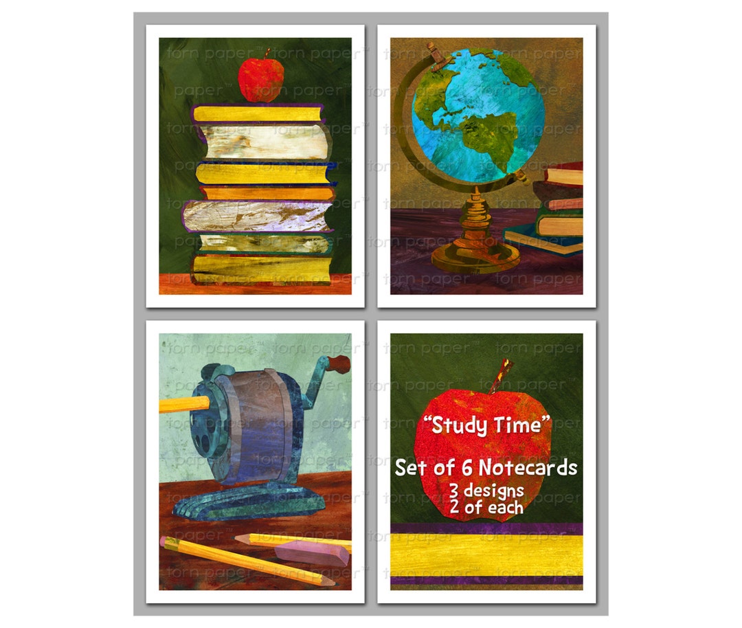 Study Time - Set of 6 NOTE CARDS - School Days - Collage Art Notecards ...