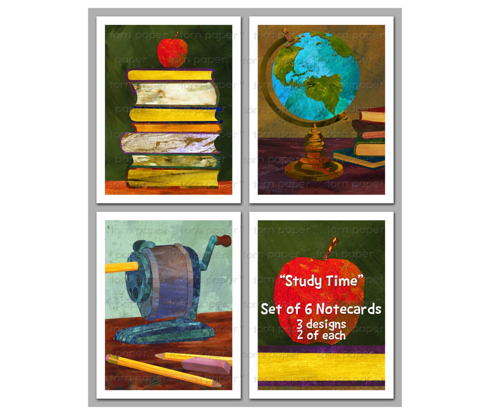 Study Time - Set of 6 NOTE CARDS - School Days - Collage Art Notecards ...