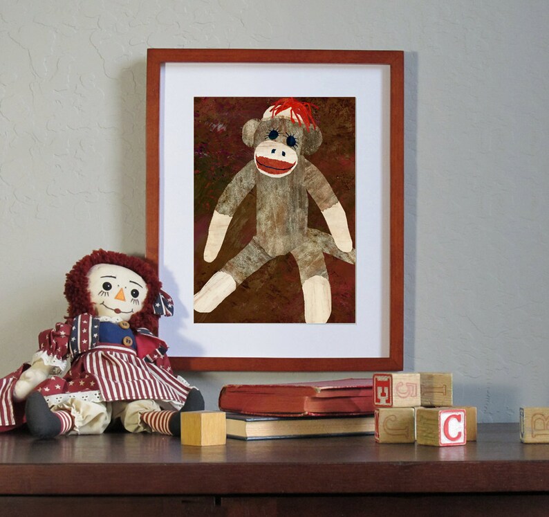 Sock Monkey Child's Room Decor Childhood Memories CARD or PRINT Doll ...