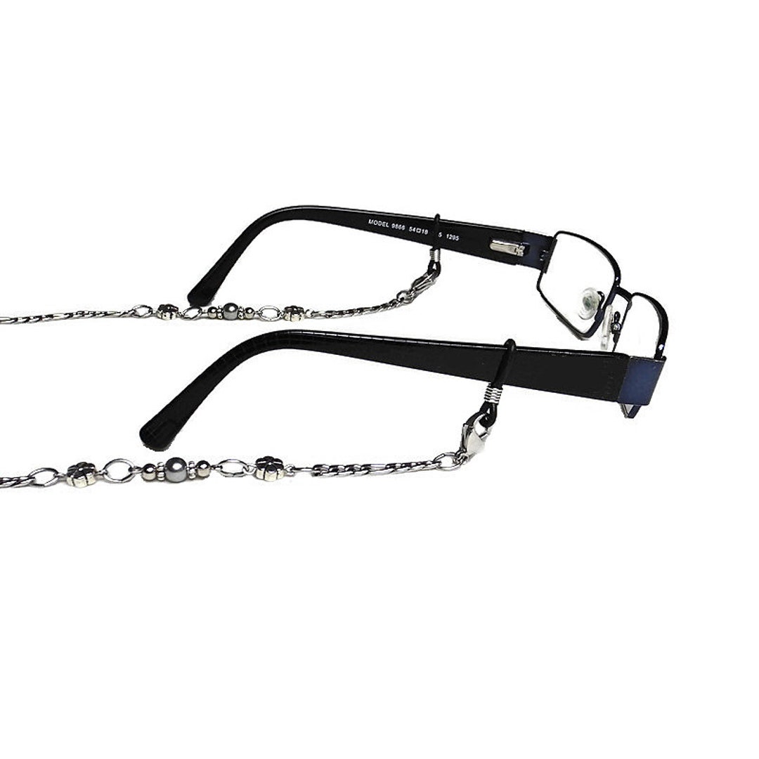 GLASSES CHAIN Grey EYEGLASS Chain With Black Rubber Loops Sunglasses ...