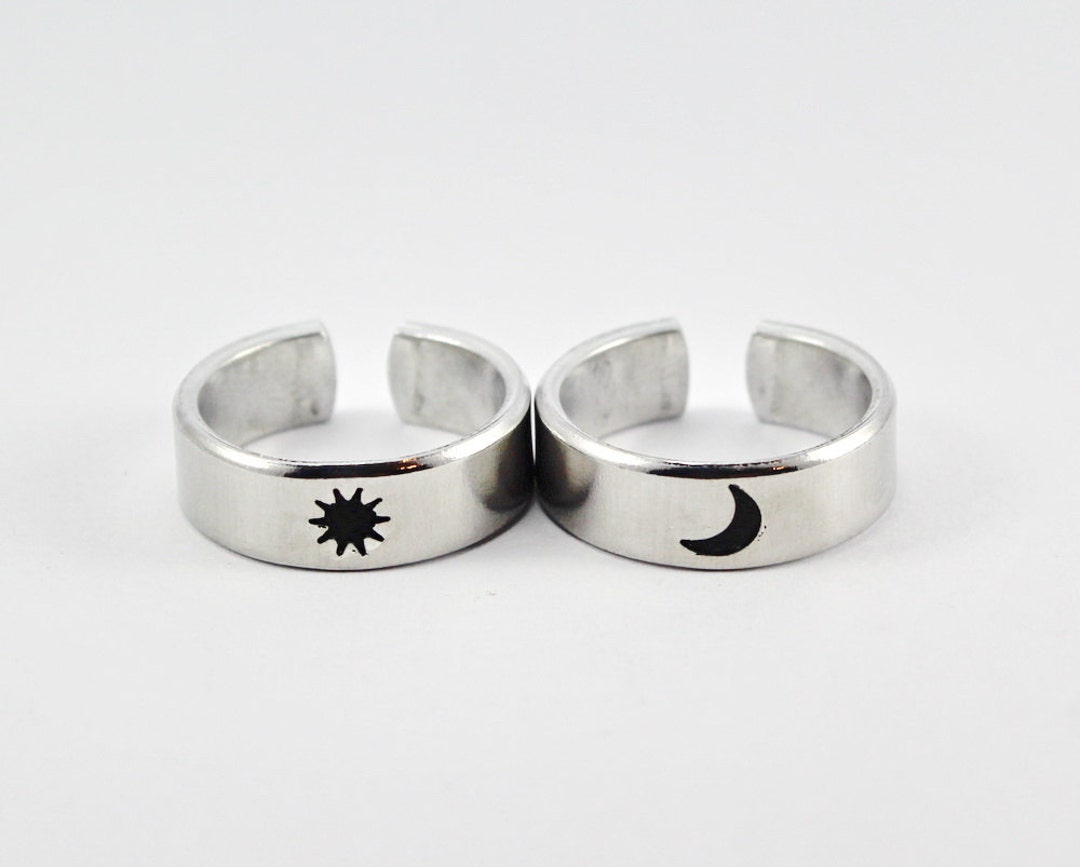 Sun and Moon Solid Imprint Ring Set, Simple Couples Rings, Friendship ...