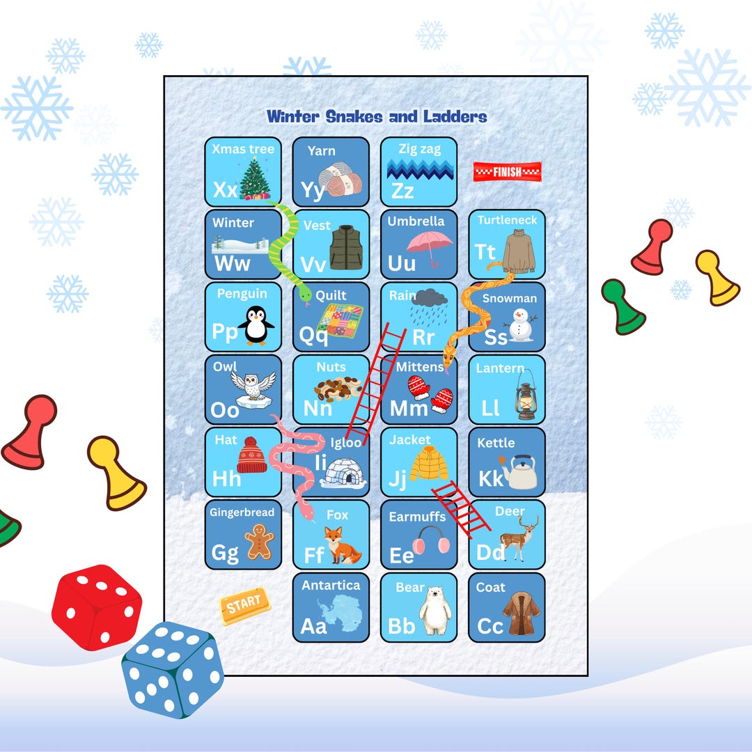Winter Alphabet Snakes and Ladders | Printable ABC Game for Kids - Etsy