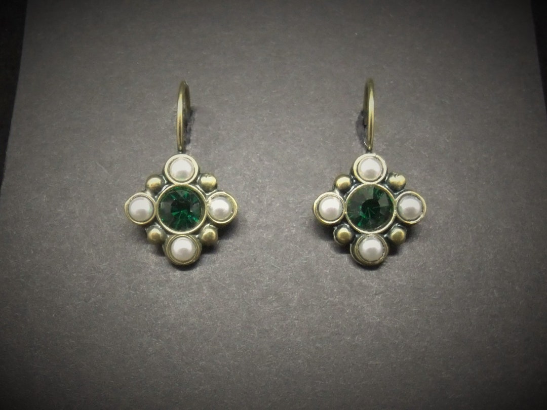 Medieval Earrings Emerald Rhinestones Faux Pearl Antiqued Brass FREE ...