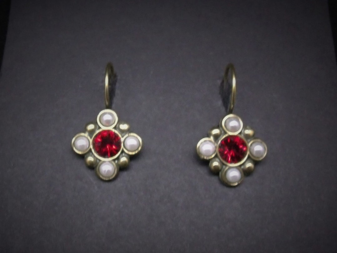 Medieval Earrings Siam Red Rhinestones White Faux Pearls Antiqued Brass ...