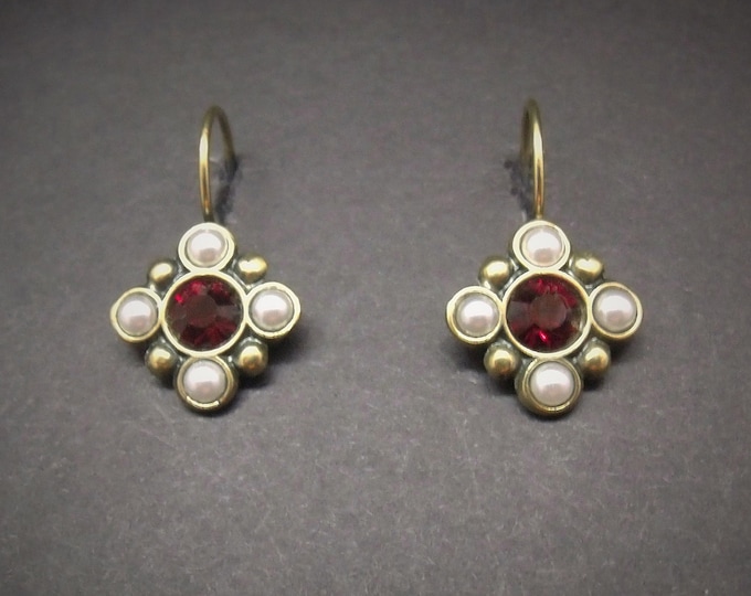 Medieval Earrings Garnet Rhinestones Faux Pearl Antiqued Brass FREE ...